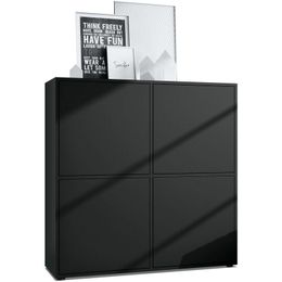 Vladon Highboard Sideboard Kommode Schrank Cuba V2 Schwarz, Hochglanz & Naturtöne - Türen in Schwarz matt - Türen in Schwarz matt