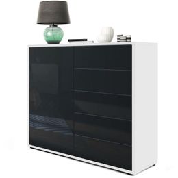 Vladon - Kommode Sideboard Anrichte Schrank Ben V2 in Weiß - Hochglanz und Naturtöne - Front in Schwarz Hochglanz Korpus matt - Front in Schwarz