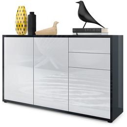 Vladon - Kommode Sideboard Anrichte Schrank Ben V3 in Schwarz - Hochglanz und Naturtöne - Front in Weiß Hochglanz Korpus Hochglanz - Front in Weiß