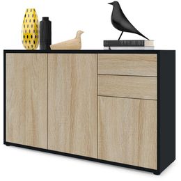 Vladon Kommode Sideboard Anrichte Schrank Ben V3 in Schwarz - Hochglanz und Naturtöne - Front in Eiche sägerau Korpus matt - Front in Eiche sägerau Korpus