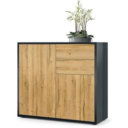 Vladon Kommode Sideboard Anrichte Schrank Ben in Schwarz - Hochglanz und Naturtöne - Front in Eiche Natur Korpus Hochglanz - Front in Eiche Natur Korpus