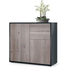 Vladon Kommode Sideboard Anrichte Schrank Ben in Schwarz - Hochglanz und Naturtöne - Front in Eiche Nordic Korpus Hochglanz - Front in Eiche Nordic Korpus