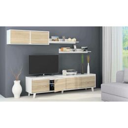 Einbaufertige Wand Orlando, TV-Ständer für Wohnzimmer, Wohnzimmerkomposition mit Wohnwand und Regal, cm 200x50h41, Weiß und Eiche