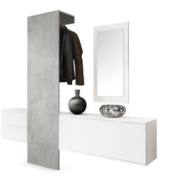 Garderobenset Flur Garderobe Diele Carlton Set 1 in Weiß - Hochglanz & Naturtöne - Paneel in Beton Oxid Optik - Paneel in Beton Oxid Optik - Vladon