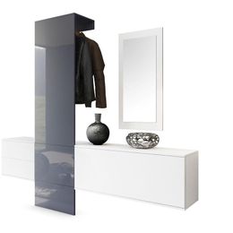 Garderobenset Flur Garderobe Diele Carlton Set 1 in Weiß - Hochglanz & Naturtöne - Paneel in Grau Hochglanz - Paneel in Grau Hochglanz - Vladon