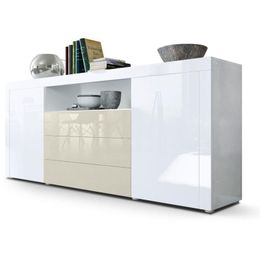 Vladon Sideboard Anrichte Kommode Schrank Santiago Weiß Hochglanz Naturtöne - Weiß Hochglanz / Creme Hochglanz ohne led Beleuchtung - Weiß Hochglanz / Creme