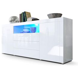 Vladon Sideboard Anrichte Kommode Schrank Santiago Weiß Hochglanz Naturtöne - Weiß Hochglanz / Weiß Hochglanz mit led Beleuchtung - Weiß Hochglanz / Weiß