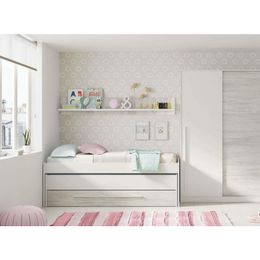 Einzelbett Sunnyvale, Bettrahmen für Schlafzimmer, Einzelbett mit ausziehbarem Kinderbett und passender Kommode und Regal, cm 199x96h65, Weiß