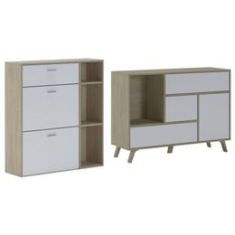 Skraut Home - Eingangs-Set, Wohnzimmer, Beistellmöbel, Farbe der Struktur Eiche und Farbe der Türen und Schubladen Weiß - Buffet- Schuhschrank