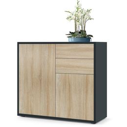 Vladon - Kommode Sideboard Anrichte Schrank Ben in Schwarz - Hochglanz und Naturtöne - Front in Eiche Sägerau Korpus matt - Front in Eiche Sägerau