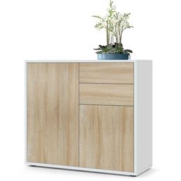 Vladon - Kommode Sideboard Anrichte Schrank Ben in Weiß - Hochglanz und Naturtöne - Front in Eiche sägerau Korpus matt - Front in Eiche sägerau