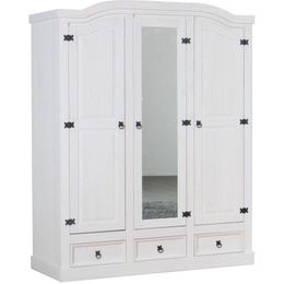ebuy24 New Mexico Kleiderschrank 3 türig mit einer Spiegeltür, 2 getäfelten Türen und 3 Schubladen in weiß, gewachst. - Weiß