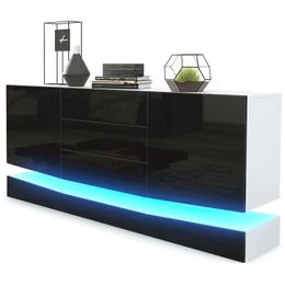 Vladon Sideboard Anrichte Kommode Schrank City in Weiß - Hochglanz & Naturtöne - Fronten in Schwarz Hochglanz mit led Beleuchtung - Fronten in Schwarz