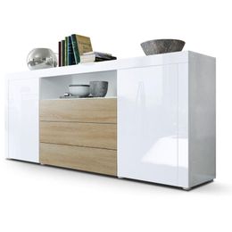 Vladon Sideboard Anrichte Kommode Schrank Santiago Weiß Hochglanz Naturtöne - Weiß Hochglanz / Eiche sägerau ohne led Beleuchtung - Weiß Hochglanz / Eiche