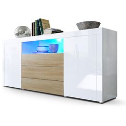 Vladon Sideboard Anrichte Kommode Schrank Santiago Weiß Hochglanz Naturtöne - Weiß Hochglanz / Eiche sägerau mit led Beleuchtung - Weiß Hochglanz / Eiche