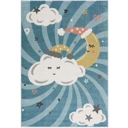 Teppich Kinderzimmer - Blau - Mond Sterne Wolken - Flachflor - Kinderteppich Spielteppich 120 x 160 cm