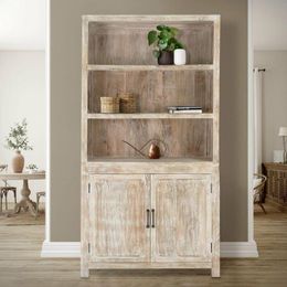 Womo-design - Mehrzweckschrank mit 2 Türen, 110x210x45 cm, Natur/Weiß, aus Mangoholz, Anrichte mit 3 offenen Fächer, Unikat, handgefertigt, Highboard