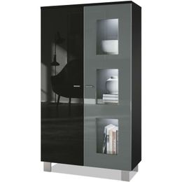 Vladon Vitrine Standvitrine Kommode Hochschrank Denjo in Schwarz matt - Tür in Grau Hochglanz mit LED Beleuchtung - Tür in Grau Hochglanz mit LED