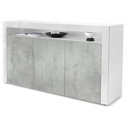 Vladon Sideboard Anrichte Kommode Schrank Valencia in Weiß - Hochglanz & Naturtöne - Beton Oxid Optik / Weiß Hochglanz - Beton Oxid Optik / Weiß