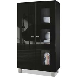 Vladon Vitrine Standvitrine Kommode Hochschrank Denjo in Schwarz matt - Tür in Schwarz Hochglanz ohne led Beleuchtung - Tür in Schwarz Hochglanz ohne led