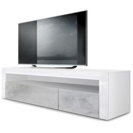 Vladon Tv Lowboard Board Schrank Tisch Möbel Valencia Weiß - Hochglanz & Naturtöne - Beton Oxid Optik/ Weiß Hochglanz - Beton Oxid Optik/ Weiß Hochglanz