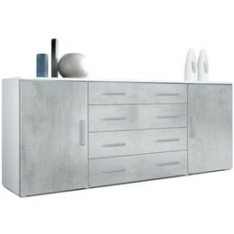 Sideboard Kommode Highboard Anrichte Faro V2 Weiß matt - Hochglanz - Front in Beton Oxid Optik - Front in Beton Oxid Optik - Vladon