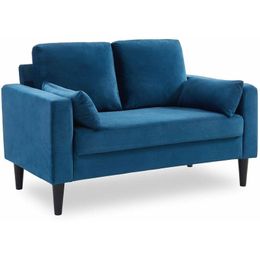 2-Sitzer-Vintage-Sofa mit Samt und Füßen aus Hevea-Holz, Samt, Blau - Blau - Sweeek