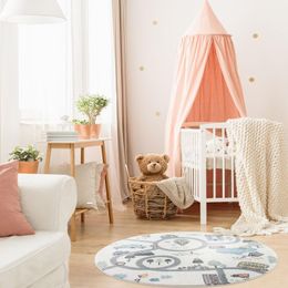 Teppich Kinderzimmer – Pastellfarben - Flachflor- Kinderteppich Spielteppich im Straßendesign 160 cm Rund