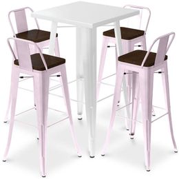 PRIVATEFLOOR - Weißer Tisch und 4 Barhocker im Industriedesign-Pack - Bistrot Stylix Pastellpink - - Pastellpink