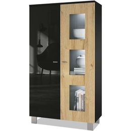 Vladon Vitrine Standvitrine Kommode Hochschrank Denjo in Schwarz matt - Tür in Eiche Natur mit led Beleuchtung - Tür in Eiche Natur mit led Beleuchtung