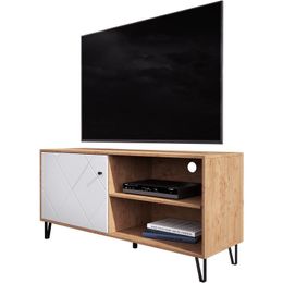 Tv Lowboard Weiß Matt Wildeiche tv Schrank Skandi Modern - 123x56x40 cm (BxHxT) - Fernsehtisch tv Board Rack - [Loya.four] Wohnzimmer Gästezimmer