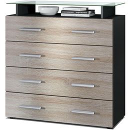 Vladon - Kommode Schrank Anrichte Sideboard Pavos V2 in Schwarz - Hochglanz & Naturtöne - Eiche sägerau - Eiche sägerau