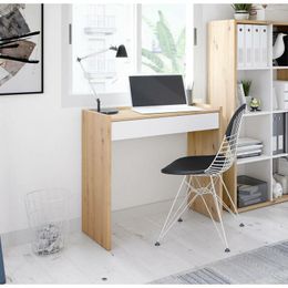 Schreibtisch Fresno, Linearer Schreibtisch mit Schublade, Arbeits- oder Bürotisch für pc, cm 82x40h77, Geknotete Eiche und Weiß