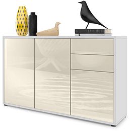 Vladon Kommode Sideboard Anrichte Schrank Ben V3 in Weiß - Hochglanz und Naturtöne - Front in Creme Hochglanz Korpus matt - Front in Creme Hochglanz Korpus