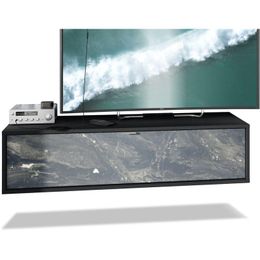 Vladon - Lowboard tv Board Hängeschrank Lana 120 in Schwarz matt - Hochglanz & Naturdekor - Fronten in Marmor Graphit - Fronten in Marmor Graphit