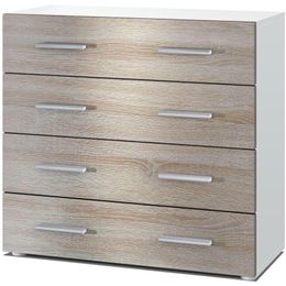 Vladon - Kommode Schrank Anrichte Sideboard Pavos in Weiß - Hochglanz & Naturtöne - Eiche sägerau - Eiche sägerau