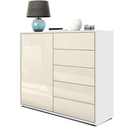 Vladon - Kommode Sideboard Anrichte Schrank Ben V2 in Weiß - Hochglanz und Naturtöne - Front in Creme Hochglanz Korpus matt - Front in Creme