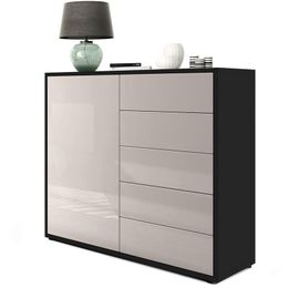 Vladon Kommode Sideboard Anrichte Schrank Ben V2 in Schwarz - Hochglanz und Naturtöne - Front in Sandgrau Hochglanz Korpus matt - Front in Sandgrau