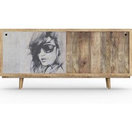 PRIVATEFLOOR Holz-Sideboard - Vintage-Design - Frau-Zeichnung - Lucil Natural wood - Massivholz, Mangoholz - Natural wood