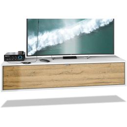 Lowboard tv Board Hängeschrank Lana 140 in Weiß matt - Hochglanz & Naturtöne - Fronten in Eiche Natur - Fronten in Eiche Natur - Vladon