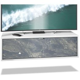 Lowboard tv Board Hängeschrank Lana 100 in Weiß matt - Hochglanz & Naturtöne - Fronten in Marmor Graphit - Fronten in Marmor Graphit - Vladon