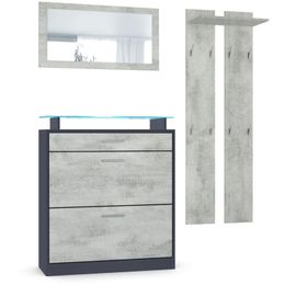 Vladon Garderobenset Garderobe Paneele Schuhschrank Spiegel Loret Mini Anthrazit matt - Front in Beton Oxid Optik mit blauer led Beleuchtung - Front in