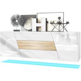 Vladon - Sideboard Kommode Anrichte Schrank Houston hängend Weiß matt - Hochglanz - Eiche Natur mit led Beleuchtung - Eiche Natur mit led Beleuchtung