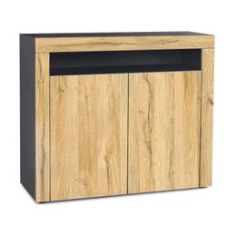 Kommode Sideboard Anrichte Schrank Valencia in Schwarz - Hochglanz und Naturtöne - Eiche Natur / Eiche Natur - Eiche Natur / Eiche Natur - Vladon