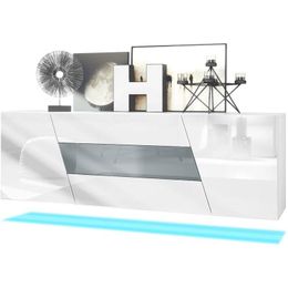 Vladon - Sideboard Kommode Anrichte Schrank Houston hängend Weiß matt - Hochglanz - Grau Hochglanz mit led Beleuchtung - Grau Hochglanz mit led