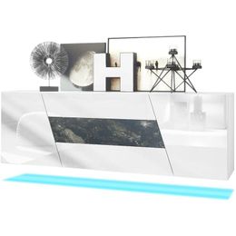 Vladon Sideboard Kommode Anrichte Schrank Houston hängend Weiß matt - Hochglanz - Marmor Graphit mit led Beleuchtung - Marmor Graphit mit led Beleuchtung
