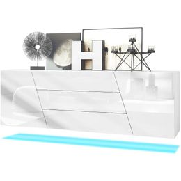 Vladon Sideboard Kommode Anrichte Schrank Houston hängend Weiß matt - Hochglanz - Weiß Hochglanz mit led Beleuchtung - Weiß Hochglanz mit led Beleuchtung