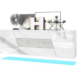 Vladon Sideboard Kommode Anrichte Schrank Houston hängend Weiß matt - Hochglanz - Beton Oxid Optik mit led Beleuchtung - Beton Oxid Optik mit led
