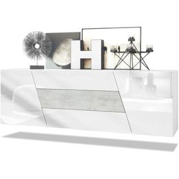 Vladon Sideboard Kommode Anrichte Schrank Houston hängend Weiß matt - Hochglanz - Beton Oxid Optik ohne LED Beleuchtung - Beton Oxid Optik ohne LED