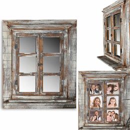 Wandspiegel mit Fensterläden 64x54cm Shabby Chic Spiegelfenster mit Ablage, Fenstertüren als Bilderrahmen 13x13cm nutzbar - Melko